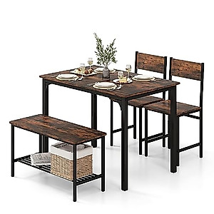 Tangkula 4-Piece Dining Table Set, Kitchen Table with Bench and Chairs, Metal Frame, Space-Saving Furniture, Modern 4-Person Dinette for Kitchen, Dining Room