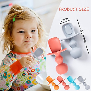 HEYTUYA 4 Pack Silicone Baby Spoons Self Feeding 6+ Months, Infant Toddler Utensils for Baby Led Weaning, First Stage Self Feeding Supplies Chewable Utensils, Grey, Blue, Light Red, Orange