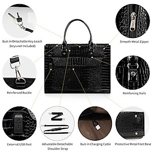 Laptop Bag for Women, 17 Inch Laptop Tote Bag, Fashion Computer Shoulder Bag, Waterproof Leather Teacher Handbag with USB Port, Large Capacity Crossbody Bag Business Office Briefcase Work Bag Black