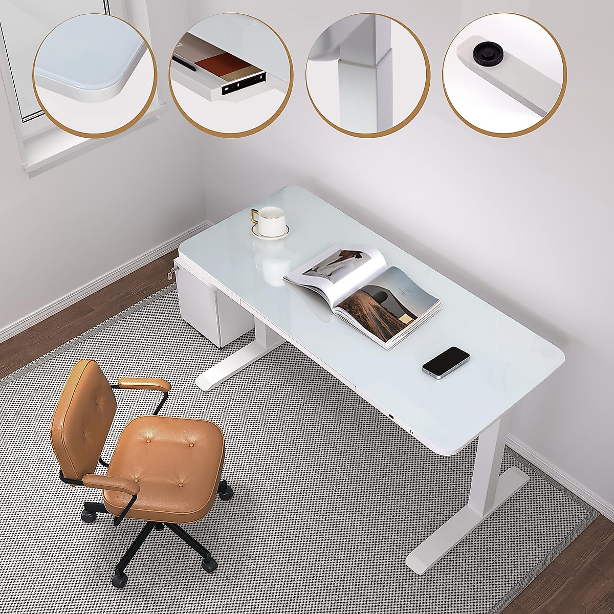 ERGOMORE Glass Standing Desk with Drawer - 45 x 23 Inches Adjustable Height Desk with Memory Preset & USB Ports, Sit Stand Desk for Home and Office (White)