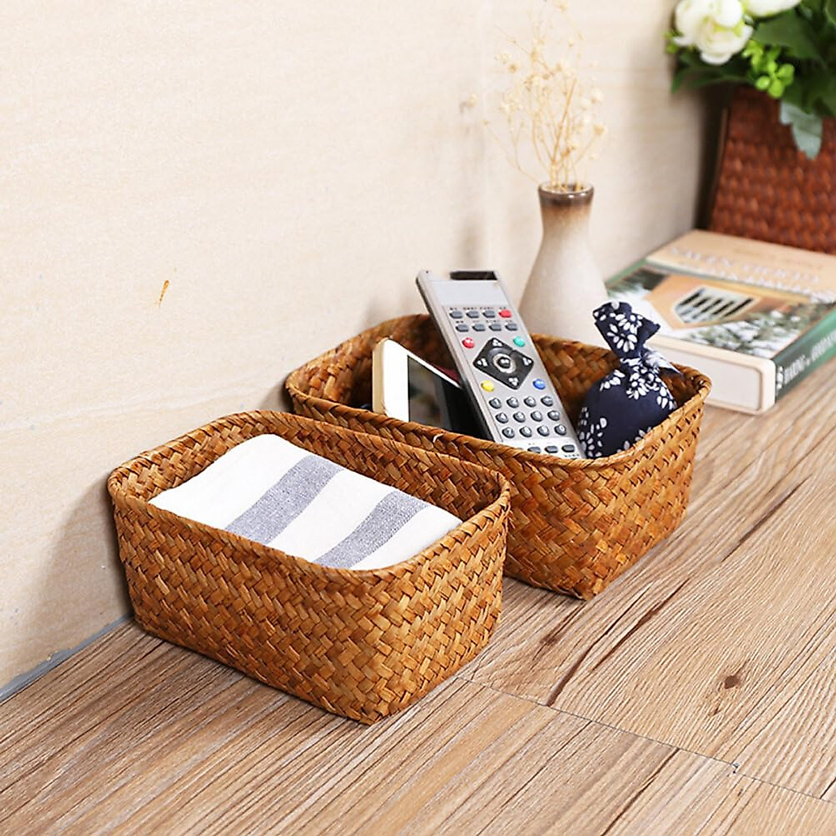 Luxshiny Storage Bins Seagrass Wicker Baskets Basket Hand Woven Storage Bin Rattan Shelf Baskets Key Bowl for Desktop Case Sugar Packet Sundries Holder Random Color M