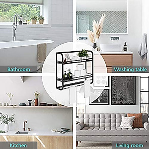 2 Tier Industrial Bathroom Shelves Wall Mounted, Large Towel Racks Storage Shelf, 24 " Metal Rustic Wall Shelves Over Toilet with Towel Bar and 10 Hooks Rack, Utility Storage Shelf Rack,Retro Black