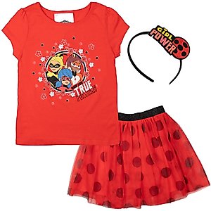 Miraculous Little Girls T-Shirt, Skirt and Satin Headband 3 Piece Outfit Set Red 7-8