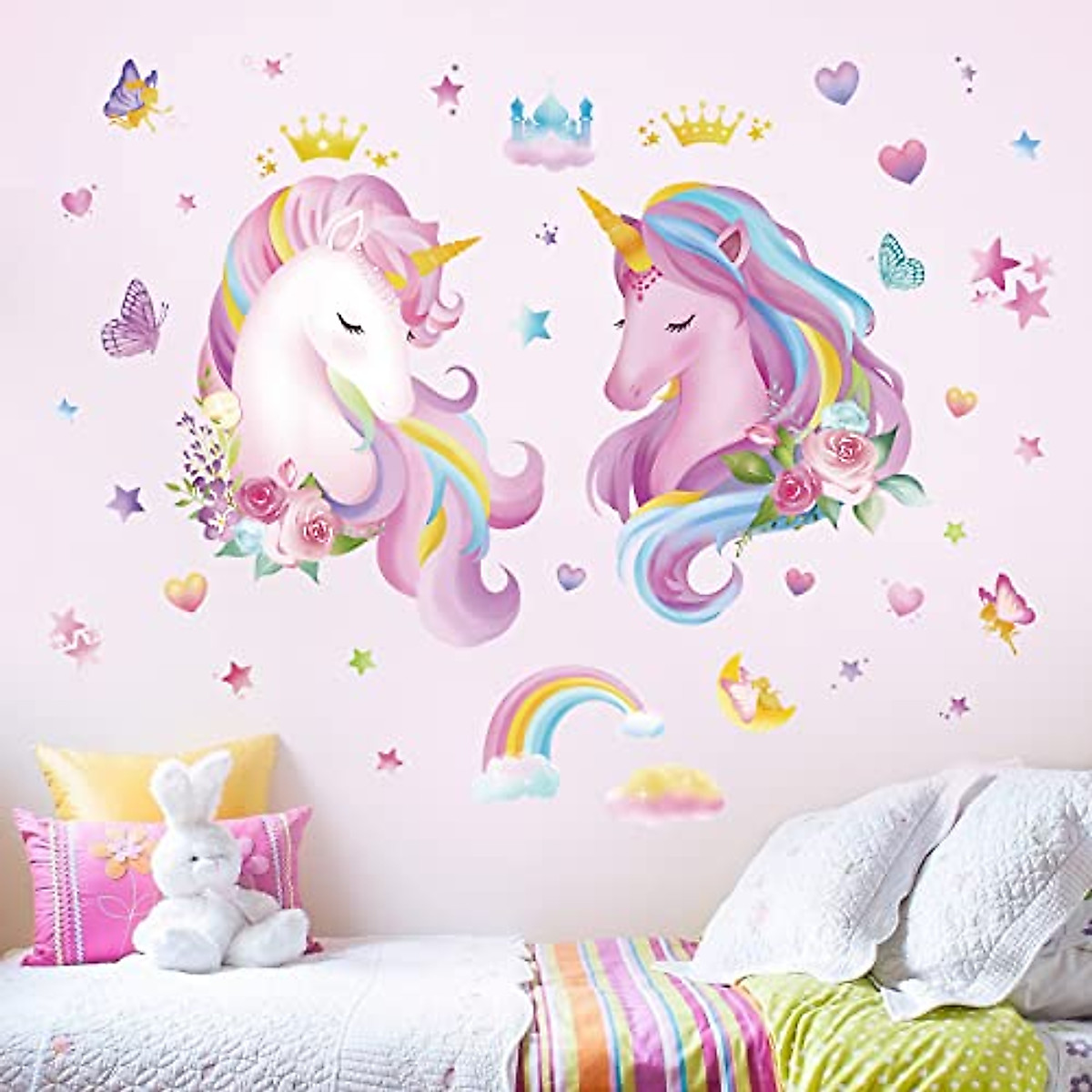 decalmile 2 Large Size Unicorn Wall Decals Pink Rainbow Heart Wall Stickers Girls Bedroom Baby Nursery Kids Room Wall Decor Gifts for Kids
