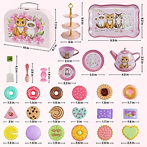 Fudragtn Tea Party Set for Little Girls, 50Pcs Kitchen Pretend Play Tea Set for Toddlers 3-6, Cat Princess Tea Time Toy with Tin Tea Set, Desserts, Cake & Carrying Case, Birthday Gift for Kids Girls