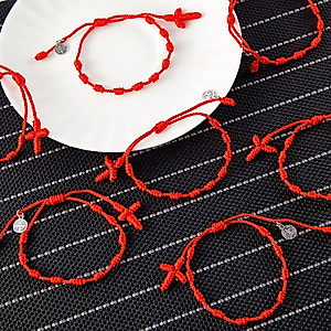 Yinkin 30 Pieces St Benedict Medal Rosary Bracelet Bulk Adjustable Knot String Braided Bracelet Baby Protection Mexican Bracelets with Mesh Bags for Women Men Girls Boys Minimalist Jewelry (Red)