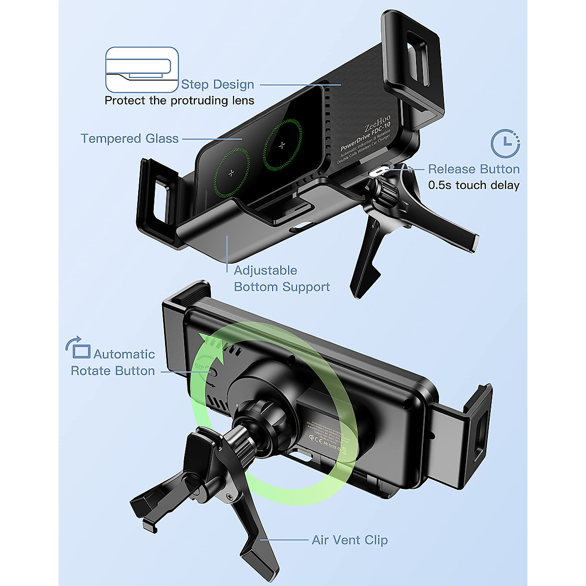 [Dual Coils] Wireless Car Charger, ZeeHoo 15W Fast Charging Auto-Clamping Car Mount, Qi Air Vent Phone Holder for Samsung Galaxy Z Fold/Flip 4 3 5G/S22/S21,iPhone 14 13 Pro Max, Google Pixel 6 Pro