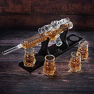 Blaster Force Gun Whiskey & Wine Decanter Set Glasses - Energized Particle Weaponry Elegant Decanter 24" - 4 Trooper Shot Glasses & Mahogany Wooden Base The Wine Savant (20 OZ) Gifts for Dad