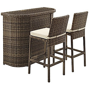 Crosley Furniture 3-Piece Bradenton Outdoor Wicker Bar Set with Two Stools and Cushions - Sand