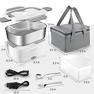 Electric Lunch Box Food Heater, FVW 3 in 1 Portable Food Warmer Lunch Box for Car & Home, Luncheaze, Leak Proof, Lunch Heating Microwave with 304 Stainless Steel Container 1.5 L, 110V/12V/24V