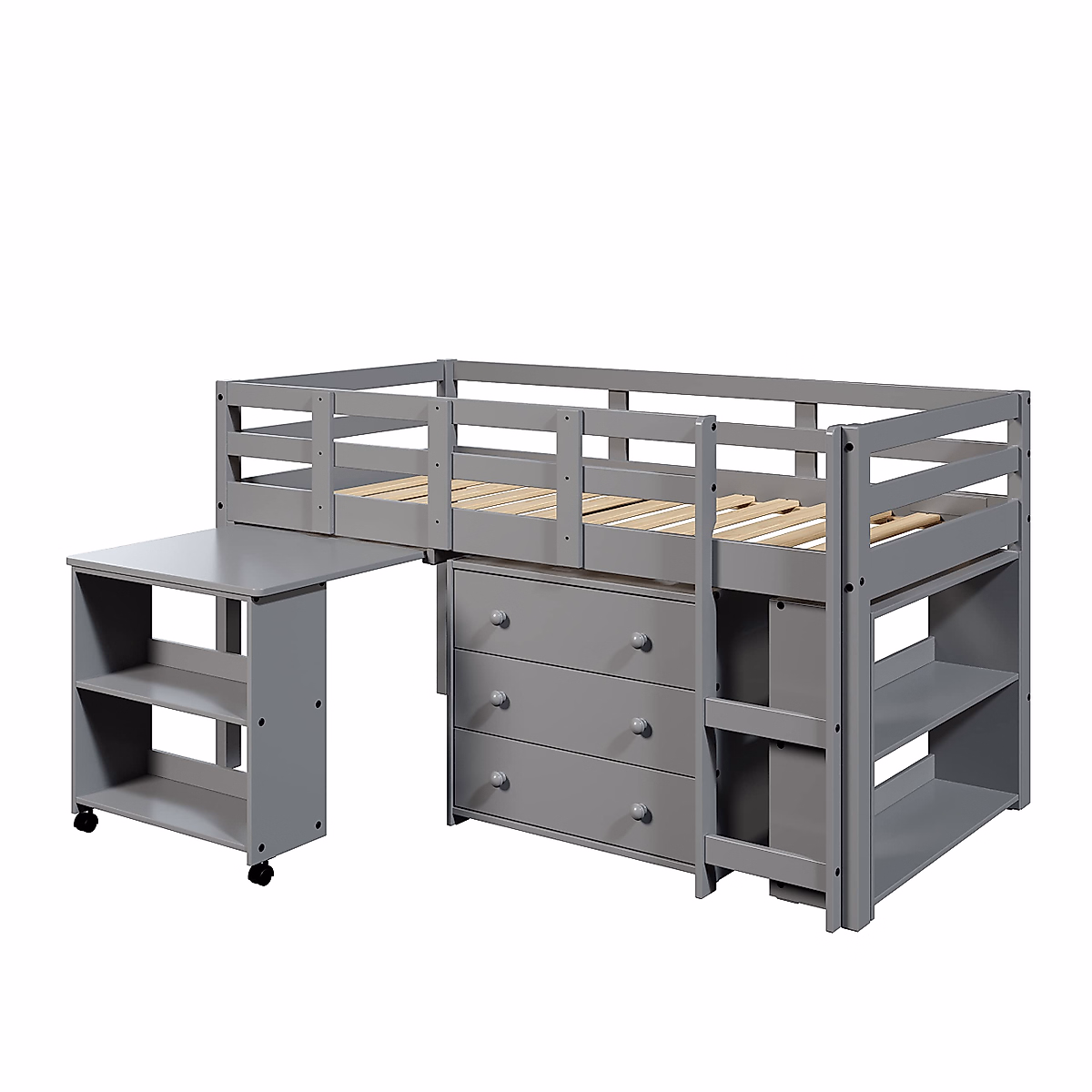 CARTESIAN Grey Solid Wood Twin Kids Low Loft Bed Frame with Rolling Desk, Drawers and Shelves