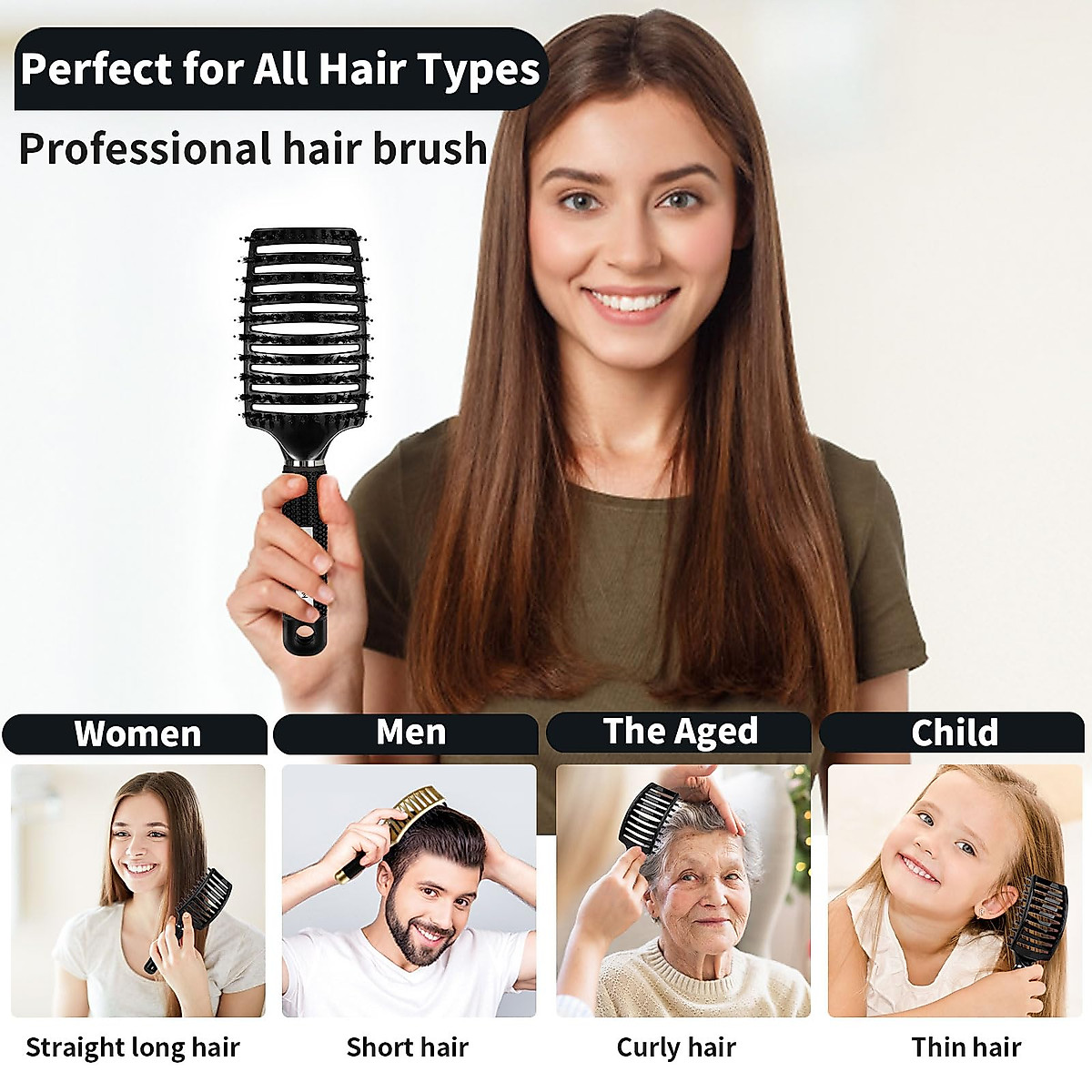 Boar Hair Brushes 2 Pack, Suitable for Men, Women & Kids’ Long Curly Wet or Dry Hair, HIPPIH Hairbrush for Thick Hair Can Adds Shine and Makes Hair Smooth