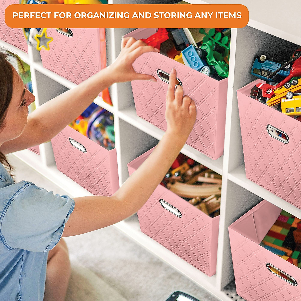 JIAessentials 11 inch Pink Foldable Diamond Patterned Faux Leather Storage Cube Bins Set of Two with Handles for living room, bedroom and office storage