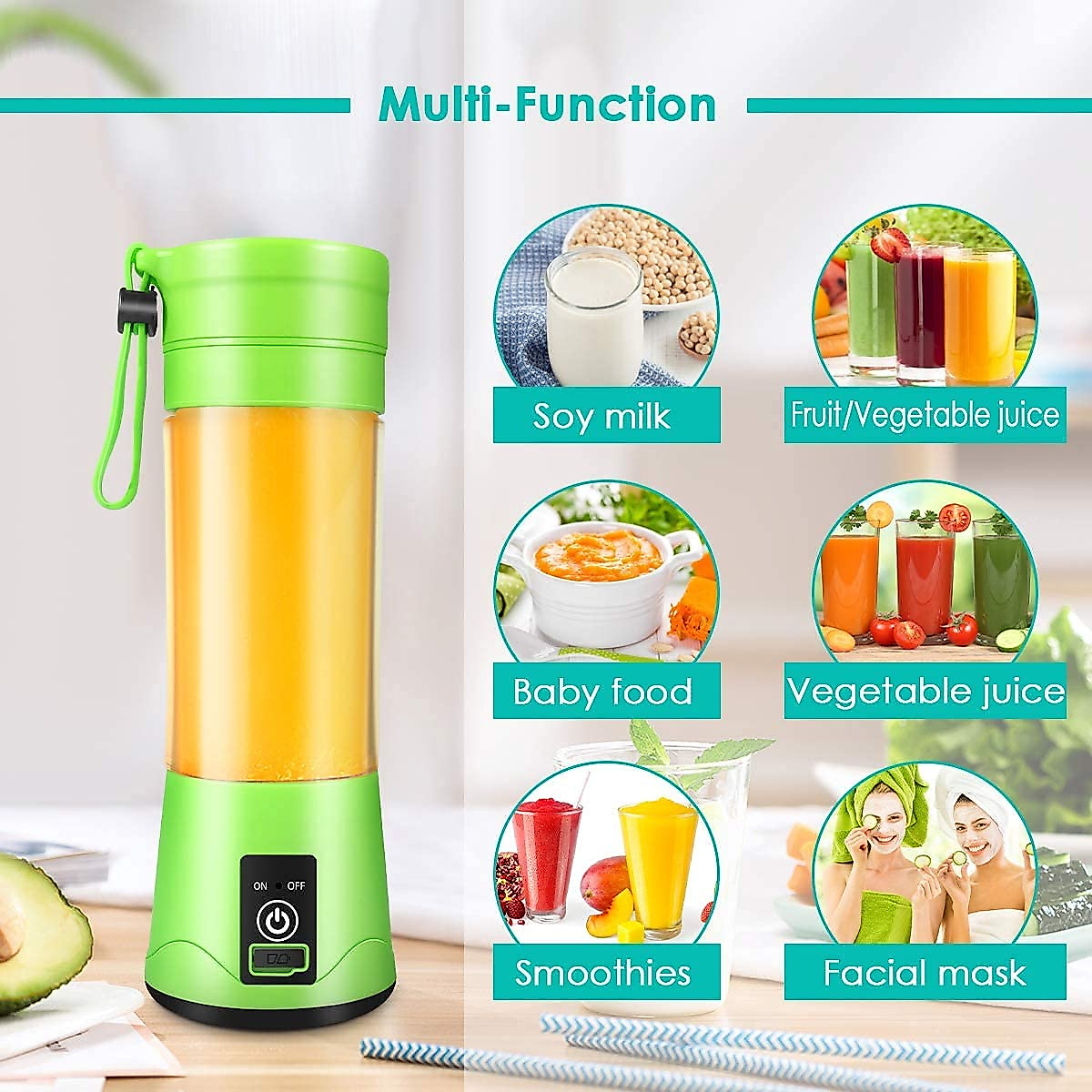Vadaap Portable Blender, Personal Blender with USB Rechargeable Mini Fruit Juice Mixer, Personal Size Blender for Smoothies and Shakes Mini Juicer Cup Travel 380ML, Green, S