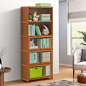 MoNiBloom 5 Tier Book Cabinet with Acrylic Doors, Bamboo Display Shelf Organizer Stand for Children's Student, Living Room, Home, Office, Brown