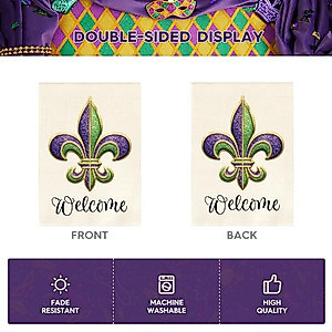AVOIN Welcome Fleur de Lis Garden Flag Vertical Double Sided, Holiday Party Mardi Gras Yard Outdoor Decoration 12x18 Inch