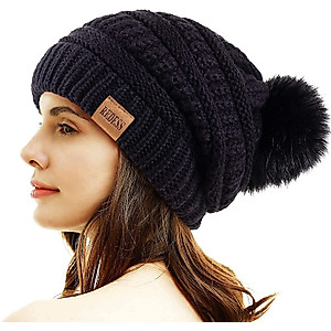 REDESS Women Winter Pom Pom Beanie Hat with Warm Fleece Lined, Black