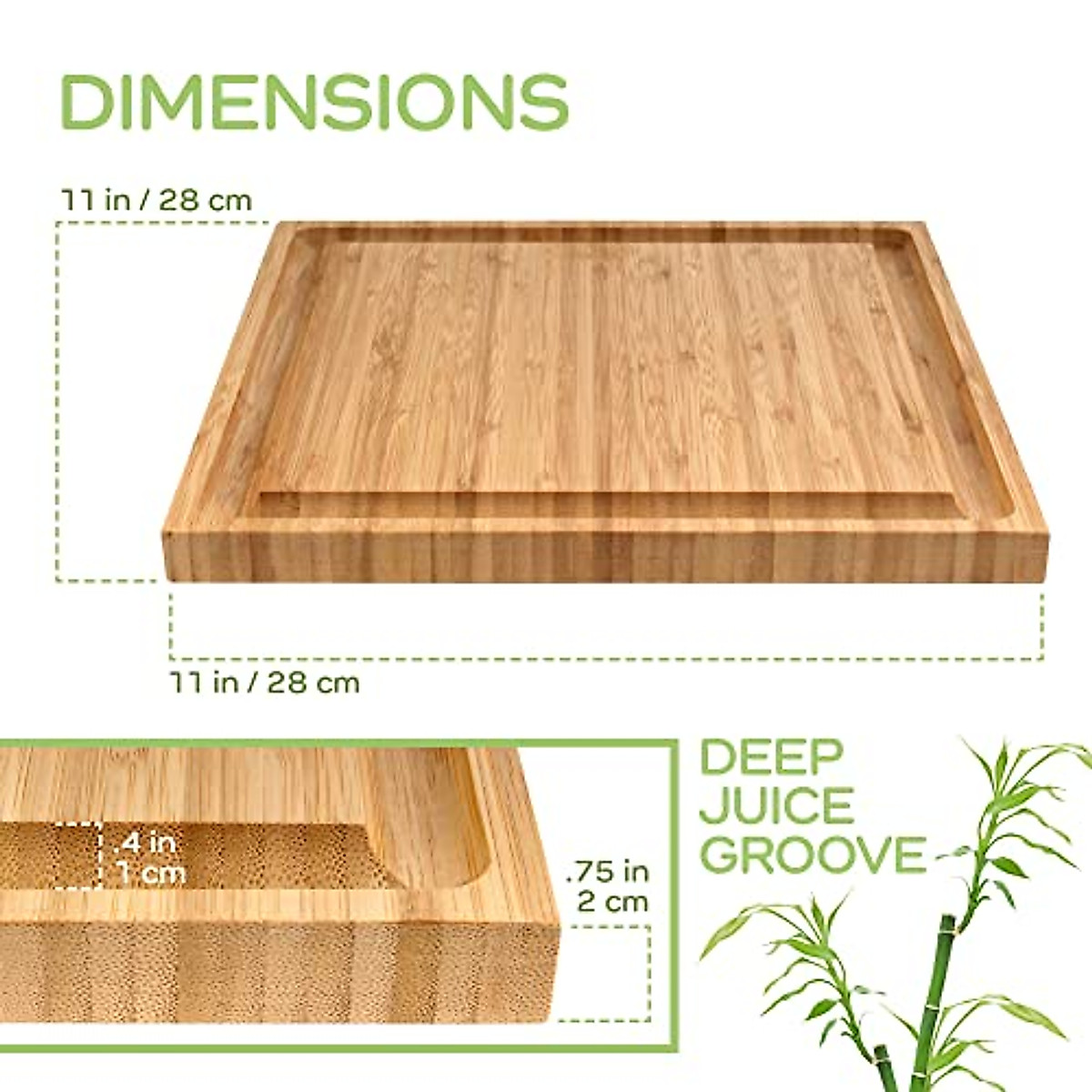 BambooMN Bulk Wholesale Premium Bamboo Grooved Cutting Board - 11" x 11" x .75" - 1 Piece