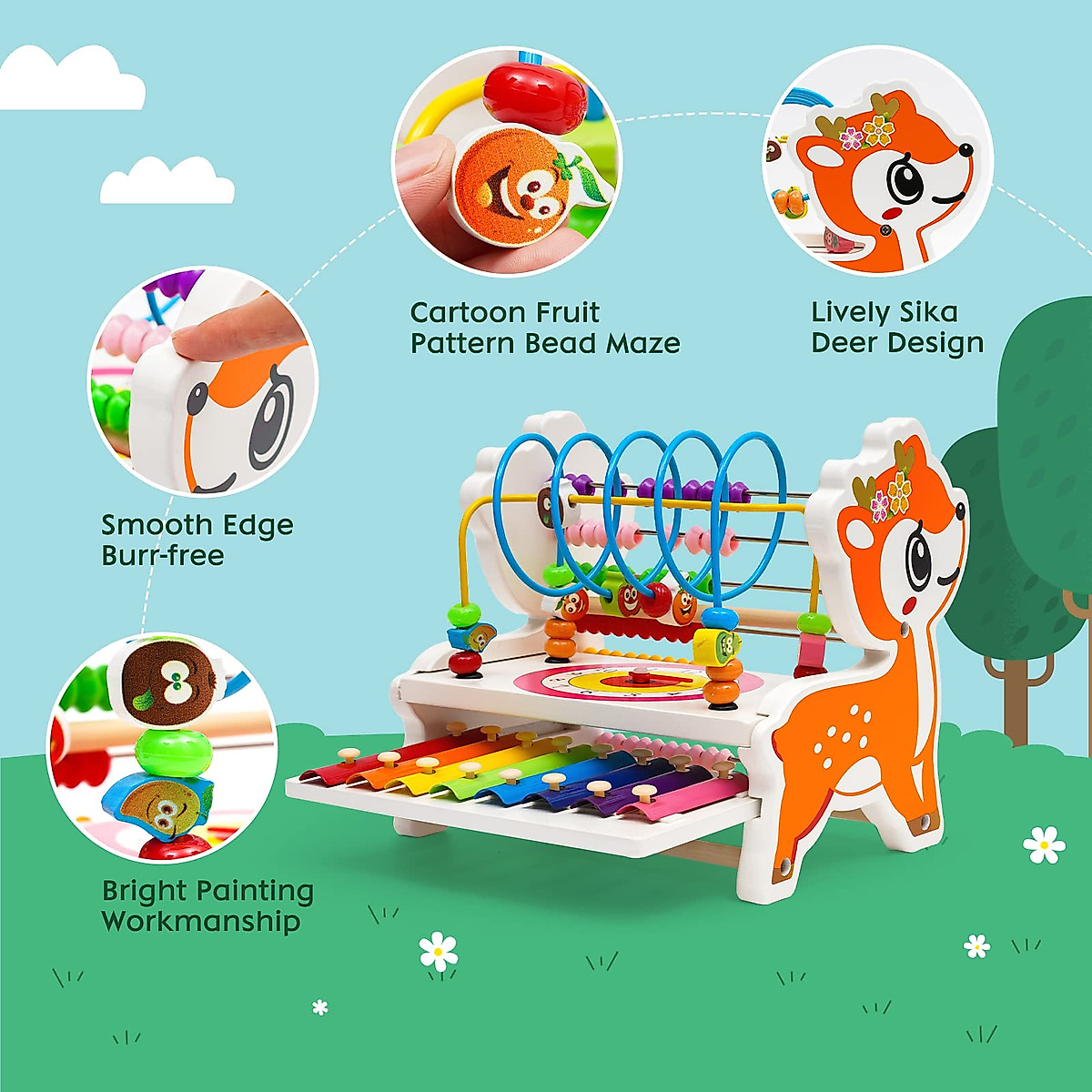 NUKied 4-in-1 Kids Baby Activity Cube Toys, Wooden Activity Center with Abacus Bead Maze Xylophone Clock Kids Toys, Developmental Educational Learning Toys for for 1 2 3 Years Old Girls Boys