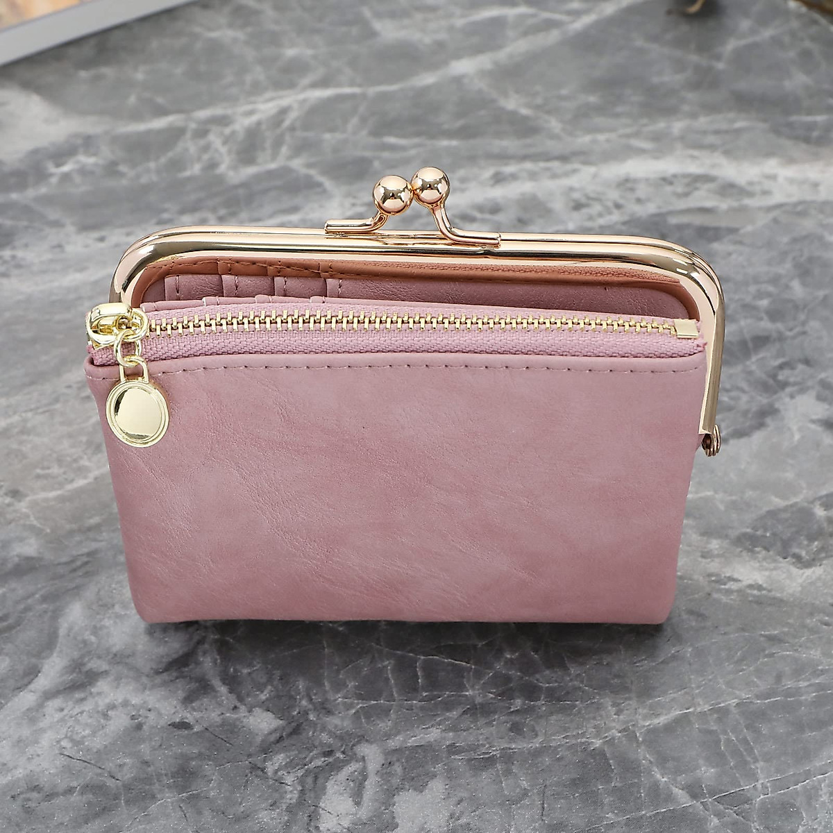 Micro Traders Women Wallet PU Leather Bifold Purse with Zipper and Kiss Lock Bank Card Storage Bag Vintage Small Compact Multifunctional Coin Pocket 12x10cm Pink