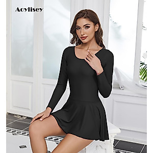 Aoylisey Women's Long Sleeve Leotard Dance Skirted Bodysuits (Black, S)