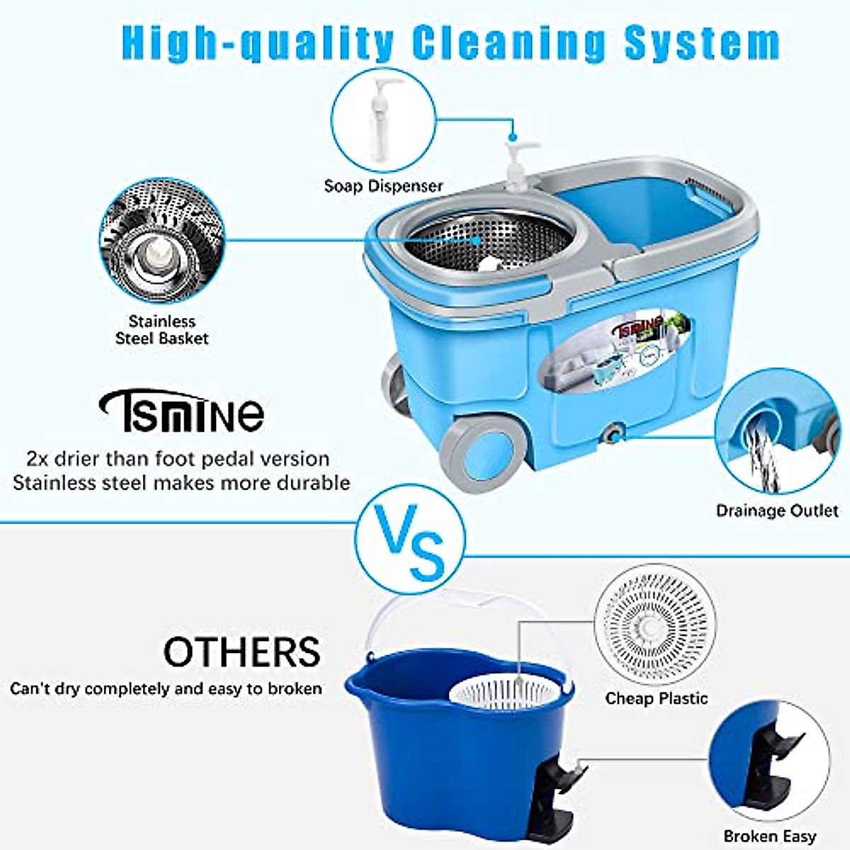 Tsmine Commercial Microfiber Spin Mop and Bucket with Wringer Set for Hardwood Floor,Kitchen Household Cleaning Tools Supplies with 6 Replacement Refills,61" Extended Handle