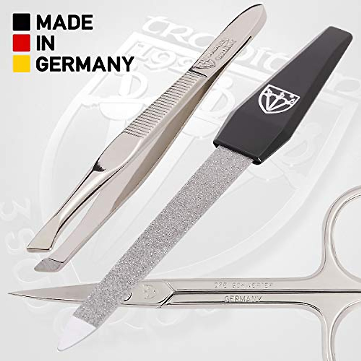 3 Swords Germany - brand quality 5 piece manicure pedicure grooming kit set for professional finger & toe nail care scissors clipper genuine leather case in gift box, Made in Solingen Germany (03638)