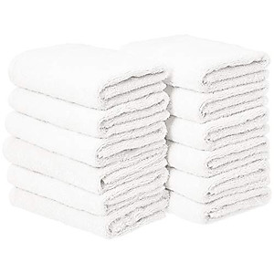Amazon Basics Fast Drying, Extra Absorbent, Terry Cotton Washcloths, White - Pack of 24 & Cotton Hand Towels, White - Pack of 12
