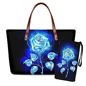SCRAWLGOD Blue Rose Design 2 Set Purse and Handbags for Women Travel Portable Large Shoulder Tote Bags with Matching Wallets Gift