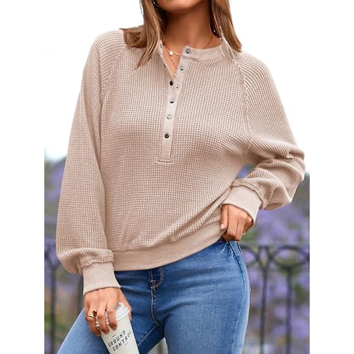 PRETTYGARDEN Womens 2023 Batwing Long Sleeve v Neck Sweater Drop Shoulder Button Waffle Knit Pullover Winter Slouchy Henley Tops (Beige, Medium)