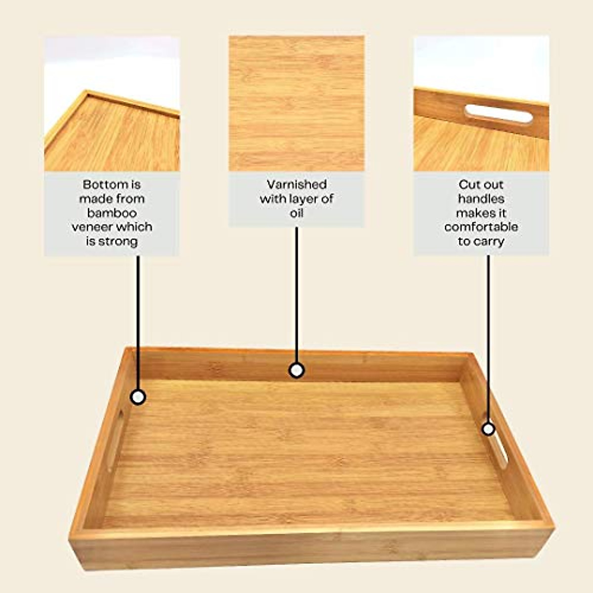 Bamboo Serving Tray with Handles - Made from Bamboo Tray and Veneer Bottom which can be Used as a Kitchen Serving Tray, Coffee Tables, as Well as Bed Tray and Tray for an Ottoman