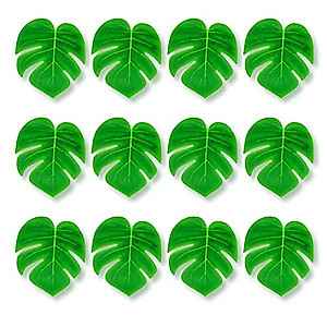 Adorox 12 pc Tropical Green Leaves Included 1 Hawaiian Luau Hibiscus Brown Table Skirt (9 ft)