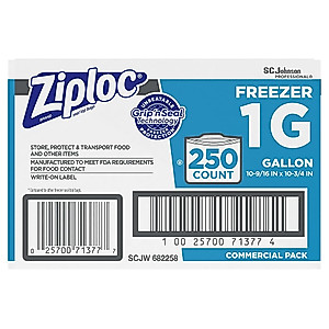 Ziploc 94604 Double-Zipper Freezer Bags, 1gal, 2.7mil, Clear w/Label Panel (Case of 250)