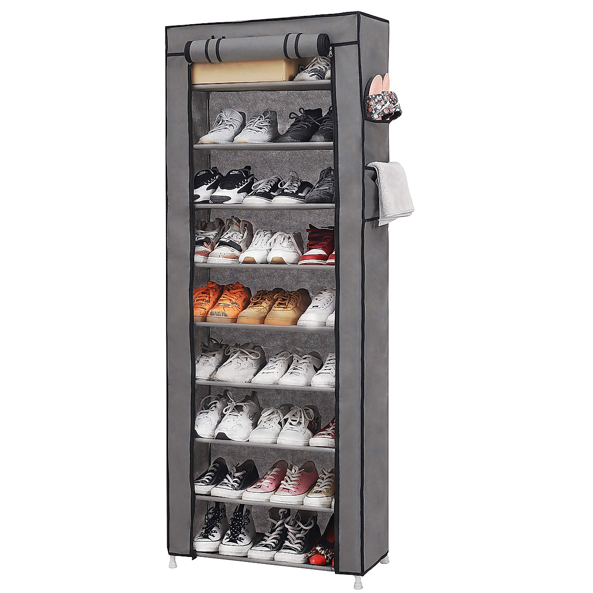 PENGKE 9-Shelf Shoe Organizer with Dust Cover - Closet shelf for up to 27 pairs of shoes - Designed for doorways, hallways, balconies, living rooms - Gray