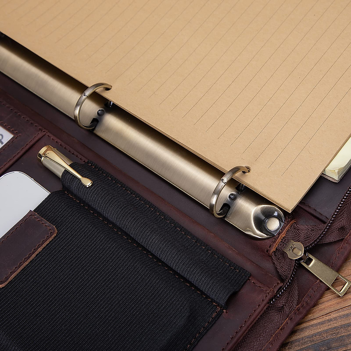 Geslun Genuine Leather Portfolio with 3 Ring Binder, Full Grain Leather Padfolio Zippered, A4 Notebook Holder Laptop Sleeve Professional Folder Organizer Gift for Men and Women, Dark Brown