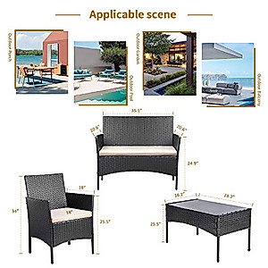 KaiMeng Patio Outdoor 4 Pieces Indoor Use Conversation Sets Rattan Wicker Chair with Table Backyard Lawn Porch Garden Poolside Balcony Furniture, Black