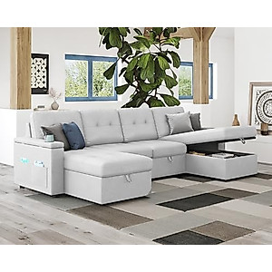 PaPaJet Pull Out Sofa Bed, 2 in 1 Sleeper Couch with USB Charging Stocket & Beverage Holders, Sectional Sofa Bed with Dual Chaise- Light Gray Chenille
