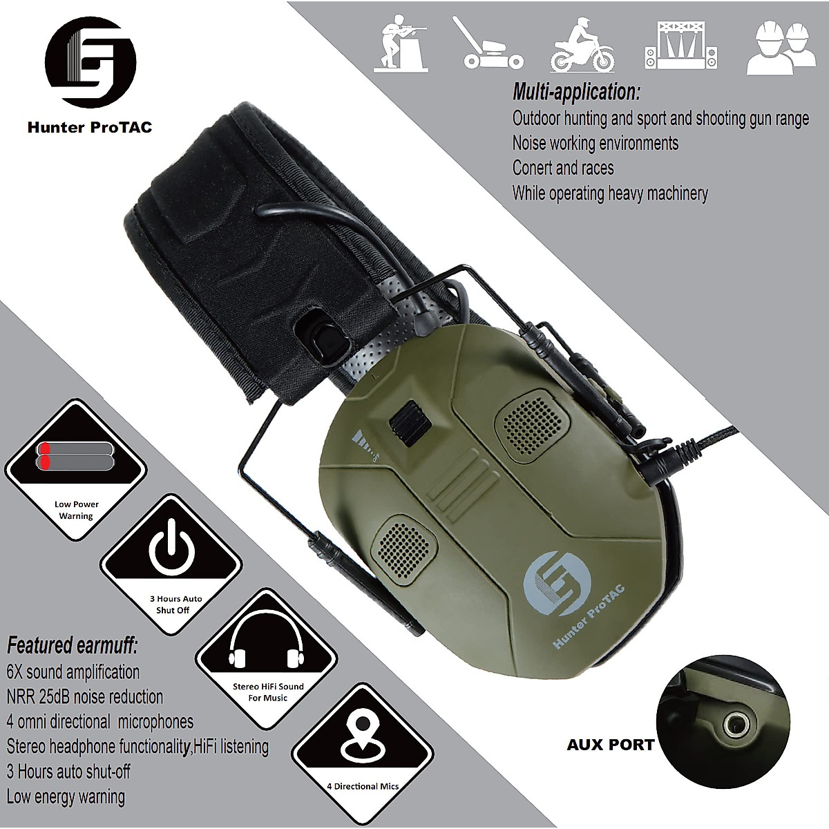 FUYOU 4 Mics Electronic Ear Protection Shooting Hearing Protection Ear Muff Gun Range-Noise Canceling Electronic Earmuff Hunting Sound Amplifier Ear Protector