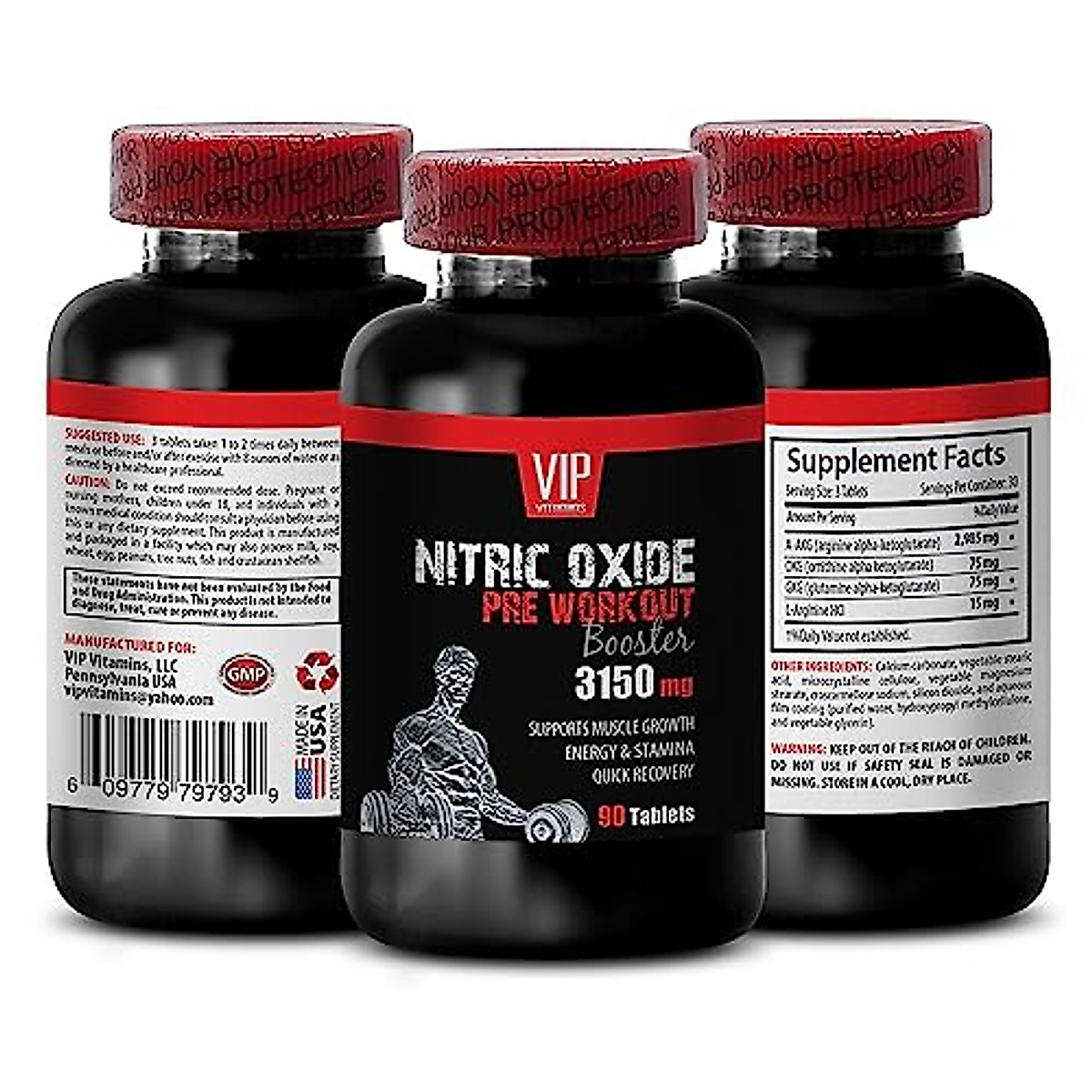 Nitric Oxide Supplement 3150mg - Nitric Oxide Pre-Workout Booster 3150mg - Muscle mass gainer, Nitric Oxide Supplement, Muscle Relaxer Pills, Muscle Recovery Supplements, Energy Boost - 1B 90 Tablets