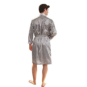 BridalAffair Men's Summer Luxurious Kimono Robe Soft Satin Bathrobe Long-Sleeve Nightgown Printed Pajamas Silver Gray, Large/X-Large