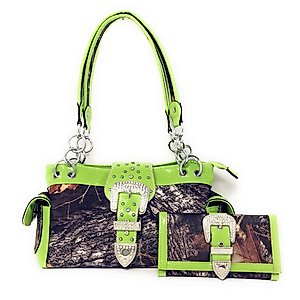 GoCowgirl Western Concealed Carry Gun Belt Buckle Purse Camouflage Handbag Camo W Matching Wallet (Black)