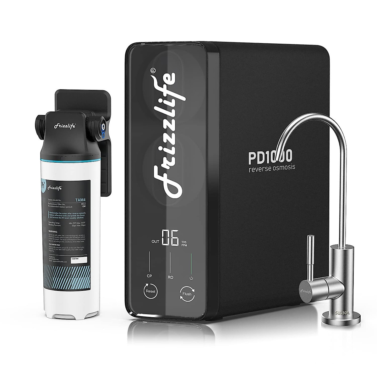 Frizzlife RO Reverse Osmosis Water Filtration System - 1000 GPD Fast Flow, Tankless, Alkaline Mineral PH, Household and Commercial Usage, PD1000-TAM4, with Two Year Replacement Filters