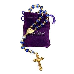 Nazareth Store Catholic Blue Crystal Beads Gold Rosary Flowers Beaded Necklace Miraculous Heart Locket Medal & Cross Religious Women Men Amulet
