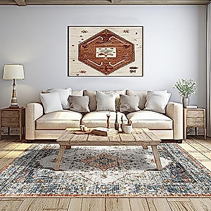 befbee 8x10 Area Rugs for Living Room, Non-Slip Soft Washable Large Area Rug,Stain Resistant Indoor Floor Rugs for Bedroom Home Decor Rug (Navy/Orange,8'x10')