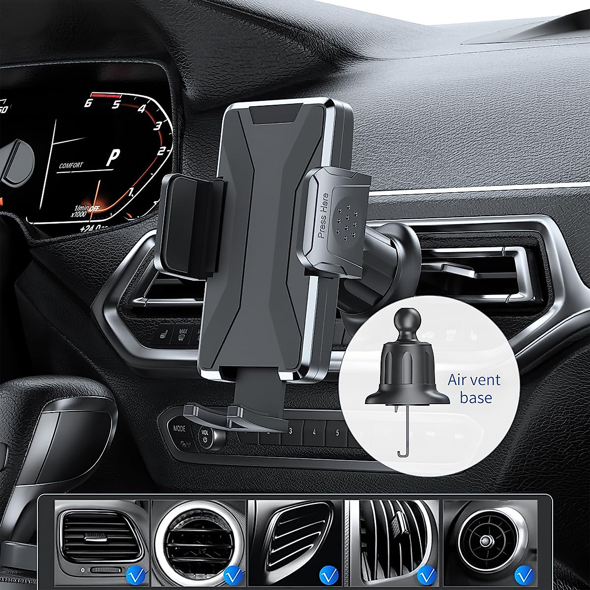 BELOMI Car Phone Mount, Car Air Vent Cellphone Holder, 360° Rotation Adjustable Mobile Phone Bracket, Hands Free Phone Cradle Compatible with iPhone 14 13 12 Pro Max Android Smartphones (Gray)