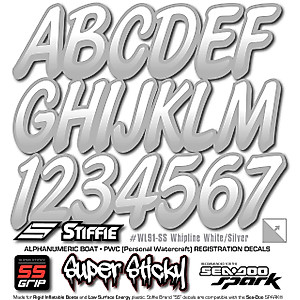 STIFFIE Whipline White/Silver SUPER STICKY 3" Alpha Numeric Registration Identification Numbers Stickers Decals for Sea-Doo SPARK, Inflatable Boats, RIBs, Hypalon/PVC, PWC and Boats.