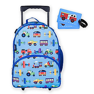 Wildkin Kids Rolling Luggage Bundle with 2 Matching Bag Tags (Fire Truck)
