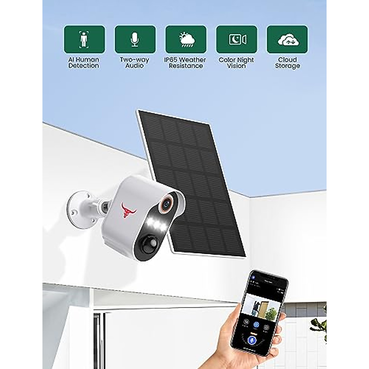 Aiwit 1080p Wireless Security Camera, Indoor/Outdoor Surveillance Bullet Cam with Solar Panels, Live View, AI Human Detection, Night Vision, 2-Way Audio, IP65 Waterproof, Cloud Storage
