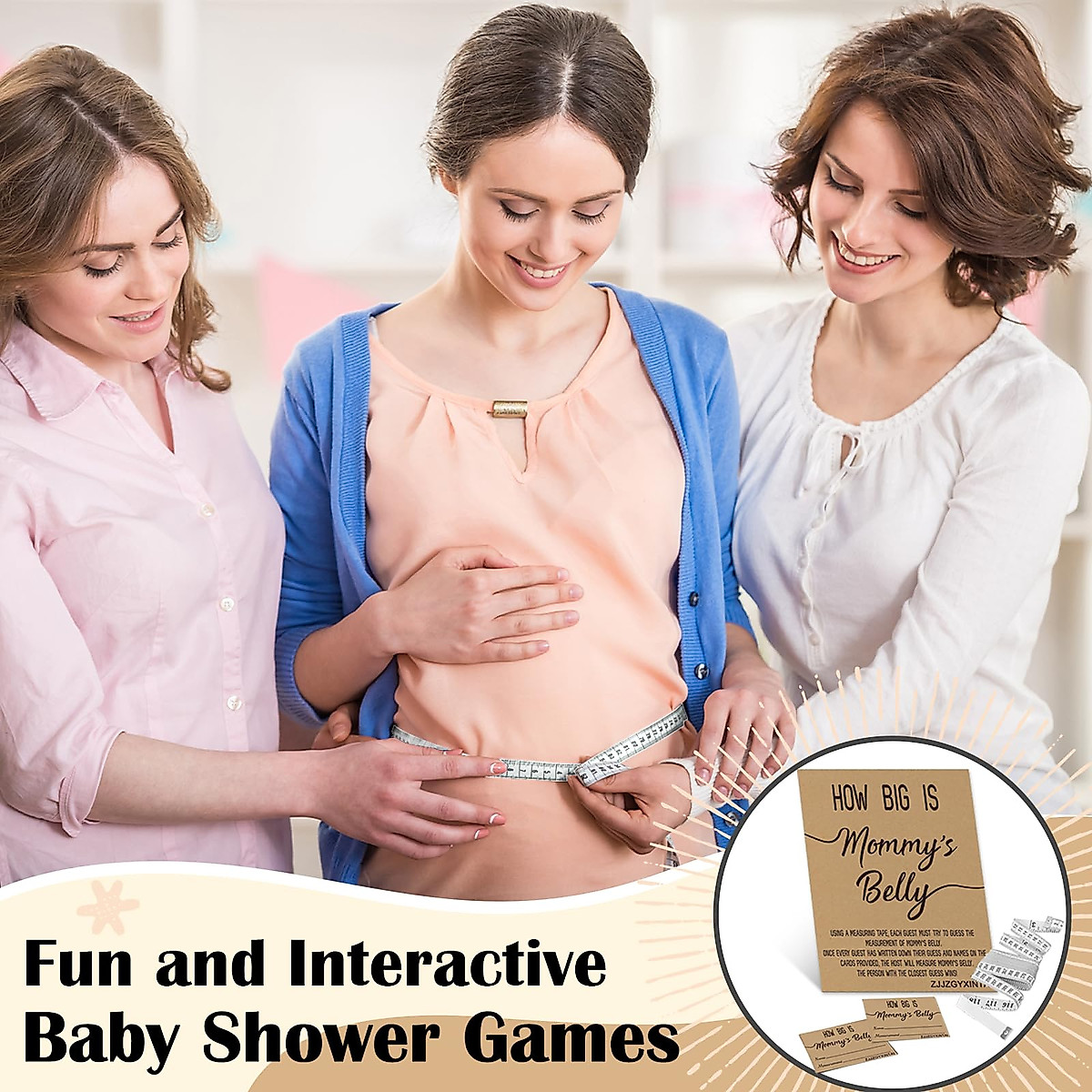ZJJZGYXINTAI How Big is Mommy's Belly? Rustic Baby Shower Gender Neutral Game Includes 8x10 Inch Kraft Standing Sign and 50 Guessing Cards, 3 Rolls 120 Feet Measuring Tape
