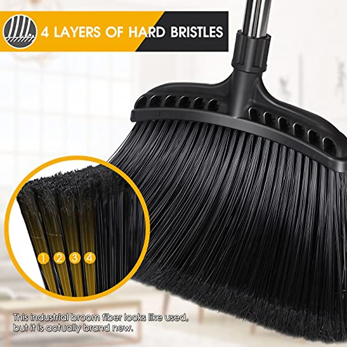 Kphico Heavy Duty Broom,Outdoor/Indoor Commercial Broom,Household Angle Broom with 56" Extendable Long Handle,Perfect for Courtyard Garage Lobby Mall Home Kitchen Room Office Floor Cleaning-Black
